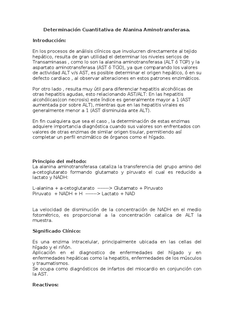 Determinación Cuantitativa de Alanina Aminotransferasa | PDF ...