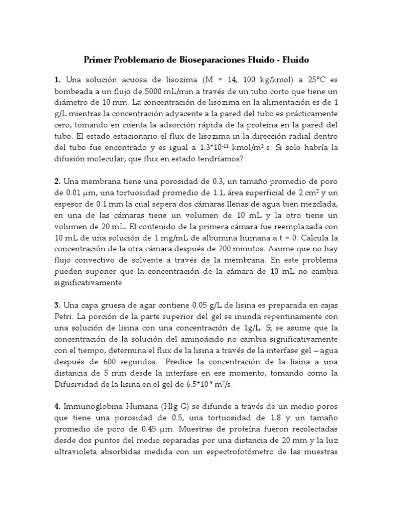 Primer Problemario de Biosepraciones | PDF | Agua | Presión