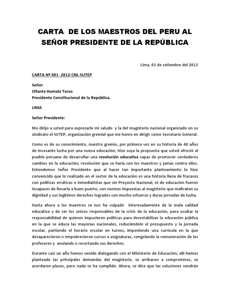 Carta Al Presidente de La Republica | Perú | Política