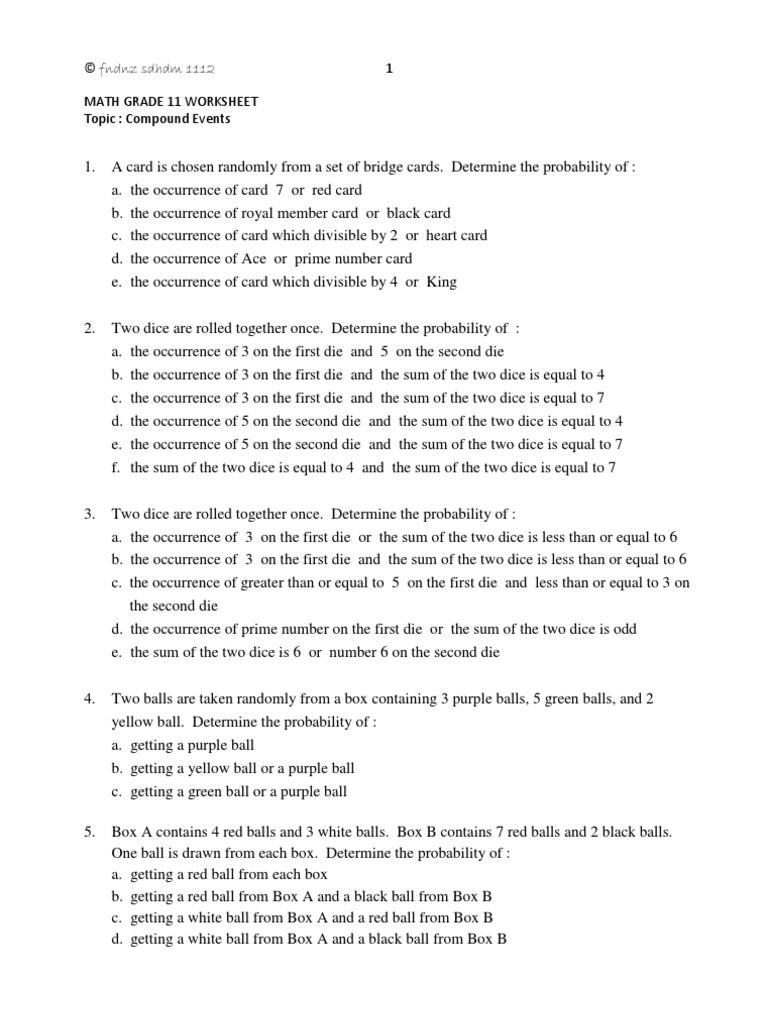 Worksheet Compound Probability | PDF | Dice | Probability