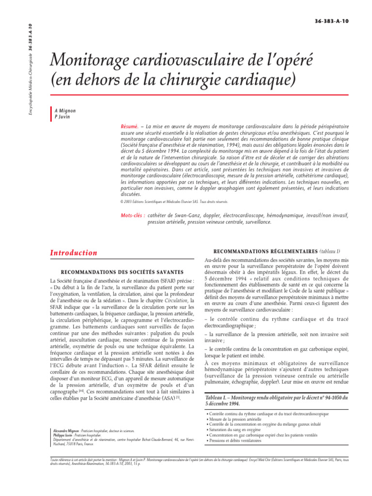 Monitorage cardiovasculaire de l'ope╠üre╠ü en dehors de la chirurgie ...