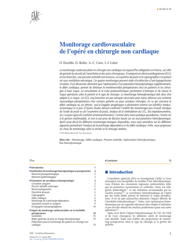 Monitorage cardiovasculaire de l'ope╠üre╠ü en chirurgie non cardiaque ...