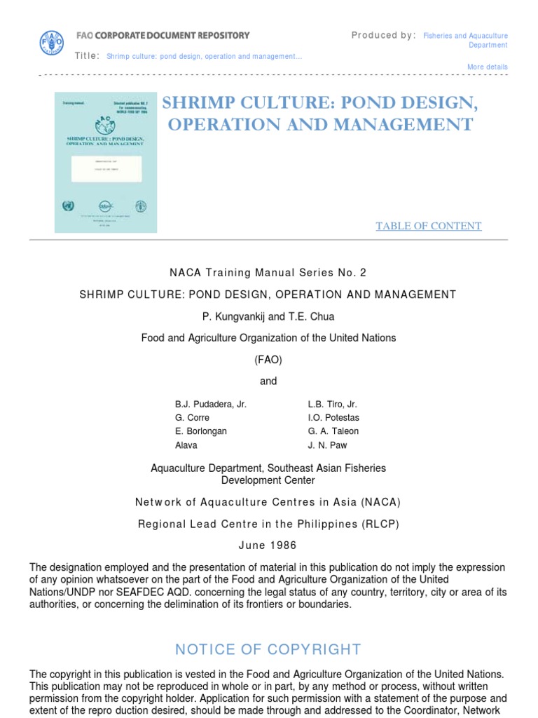FAO Shrimp Culture - Pond Design, Operation and Management | PDF ...