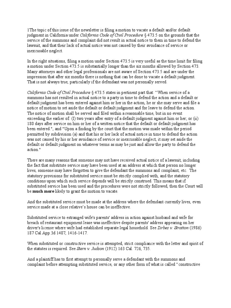 Motion To Vacate Default Judgment Under Section 473 5 In California