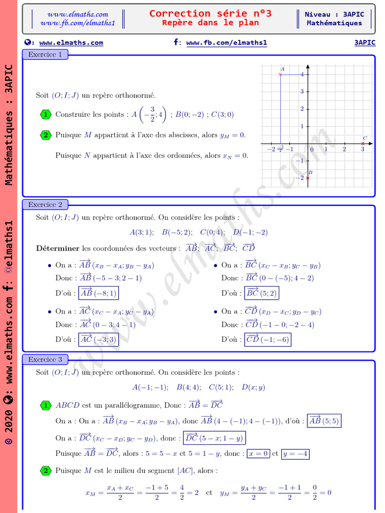 Série 3 Repère Plan 3APIC Corrigé | PDF | Mathématiques | Géométrie