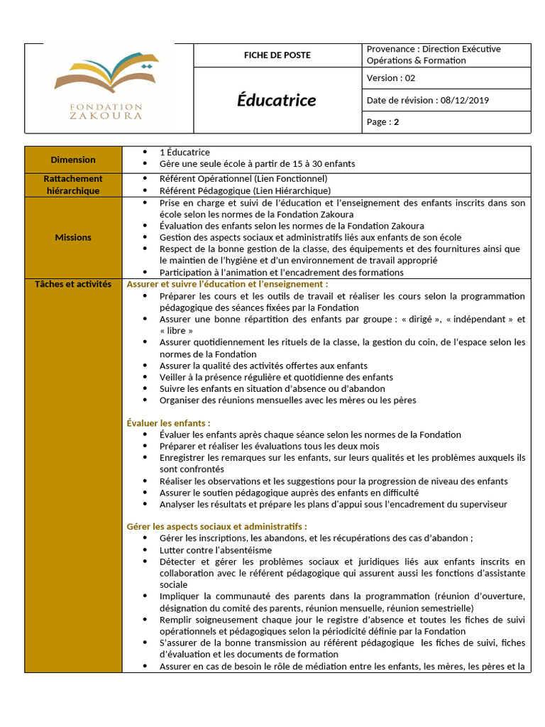 20191208 - Fiche de Poste - Educatrice V2.0 - Copie (1) | PDF | Pédagogie
