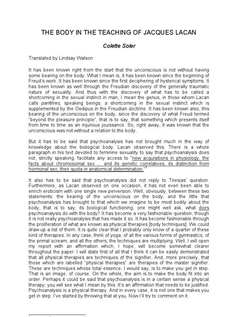 The Body in The Teaching of Jacques Lacan - Colette Soler | PDF ...