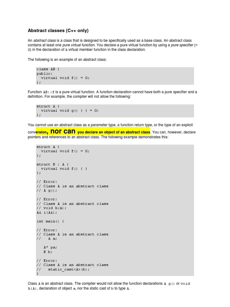 Abstract classes C++ base pure virtual | PDF | Class (Computer ...