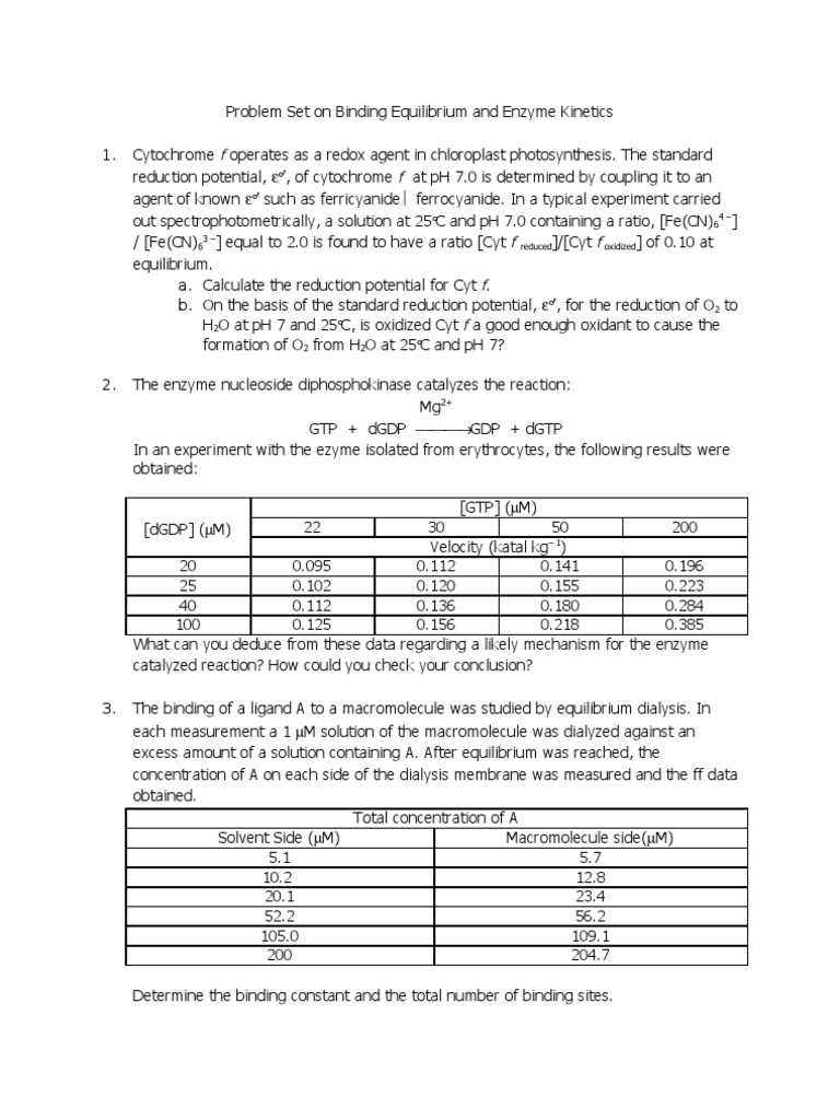 Problem Set On Enzyme Kinetics - FS - 2012 - 2013 | PDF | Redox ...