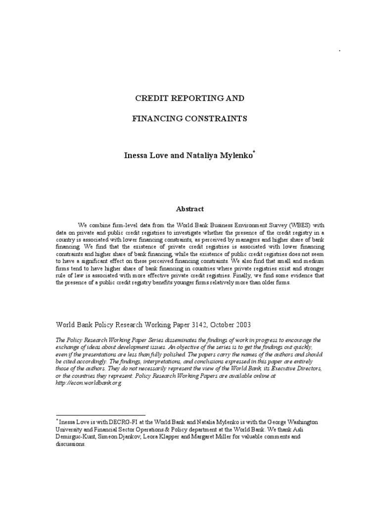 Credit Reporting and Financing Constraints: World Bank Policy Research ...