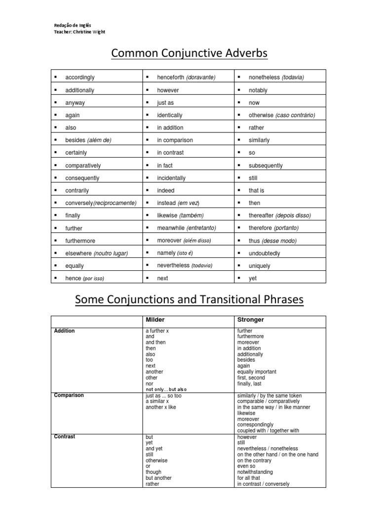 Common Conjunctive Adverbs and Transitional Phrases | PDF | Linguistics ...