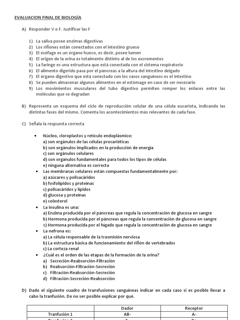 Evaluacion Final de Biología | PDF | Biología Celular) | Sangre