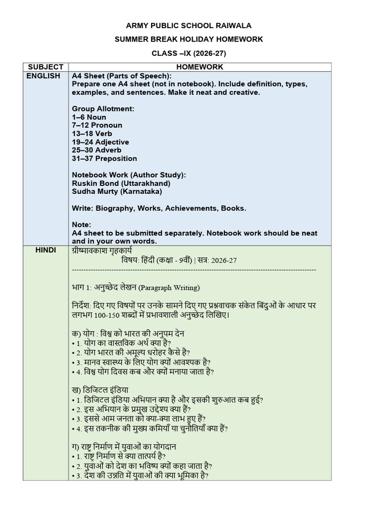 CLASS 9TH HOLIDAY HOMEWORK 2026-27 | PDF
