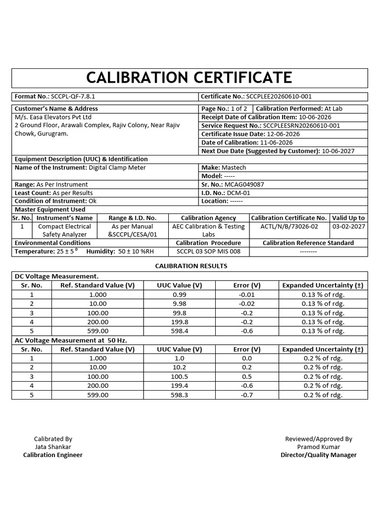 Draft.....10!06!2026 Easa Elevators Pvt Ltd | PDF | Calibration | Metrology