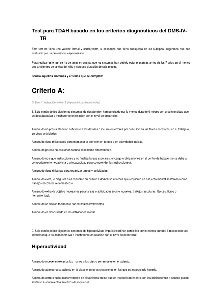 Test de TDAH según DSM-IV-TR | PDF | Desorden hiperactivo y deficit de ...