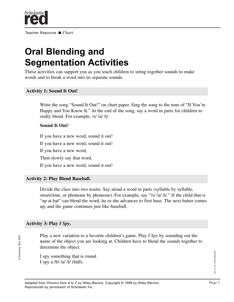 Oral Blending and Segmentation Activities: Chart | PDF