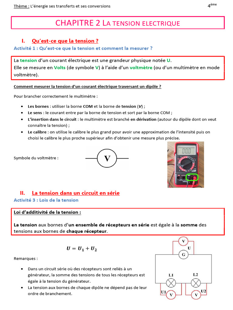 Chapitre 2 - La Tension Électrique | PDF