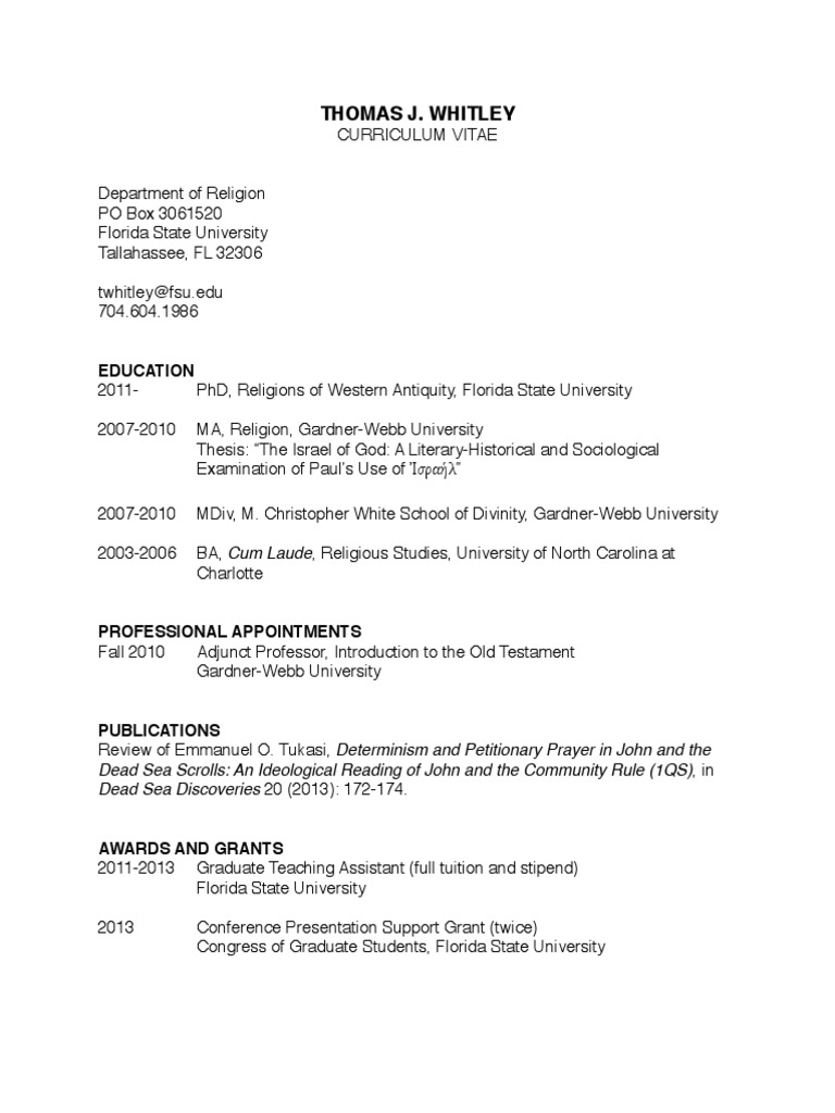 Thomas Whitley Curriculum Vitae | PDF | New Testament | Jesus