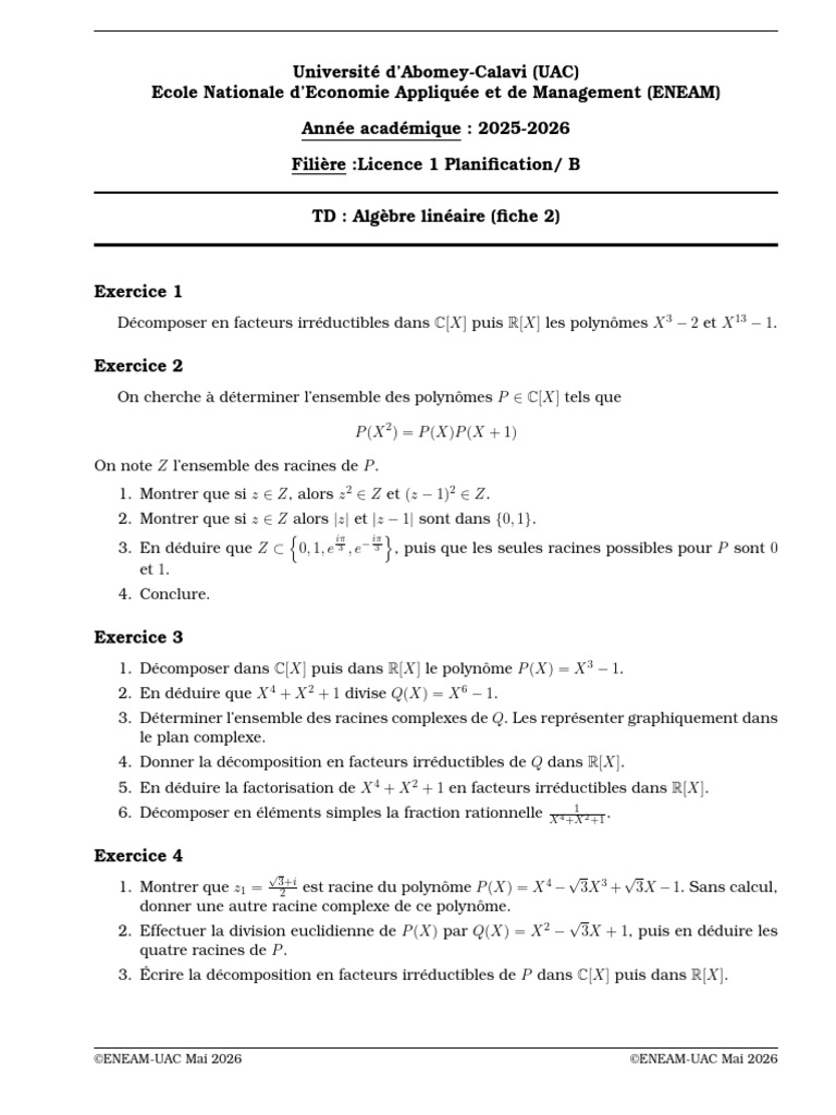 TD algèbre linéaire 2026 fiche 2 | PDF | Polynôme | Zéro d'une fonction