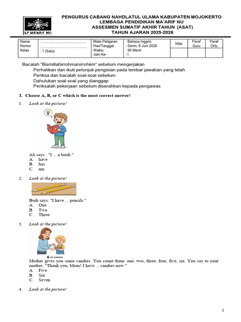 Soal Asat Bahasa Inggris Kelas 1 Tahun Ajaran 2025-2026 | PDF | Mother ...
