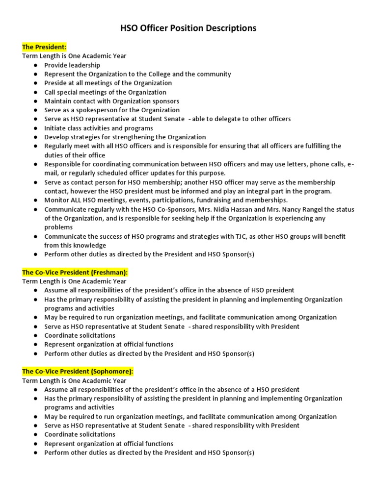 HSO Officer Position Descriptions | PDF | Fundraising | Government