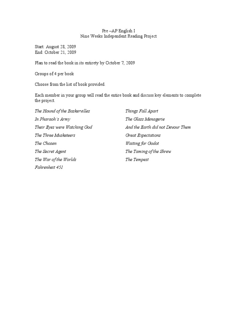 Pre AP English Book Projects | PDF