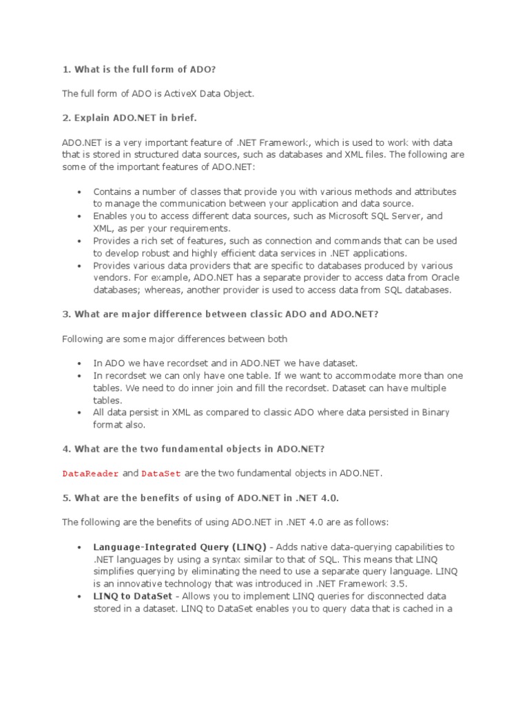 What Is The Full Form Of Ado Datareader Dataset Pdf Language Integrated Query Entity