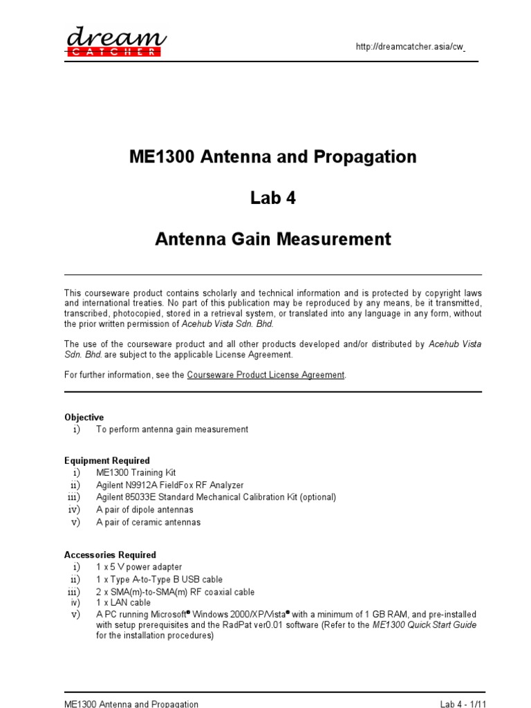 ME1300 Antenna and Propagation Lab 4 Antenna Gain Measurement | PDF ...