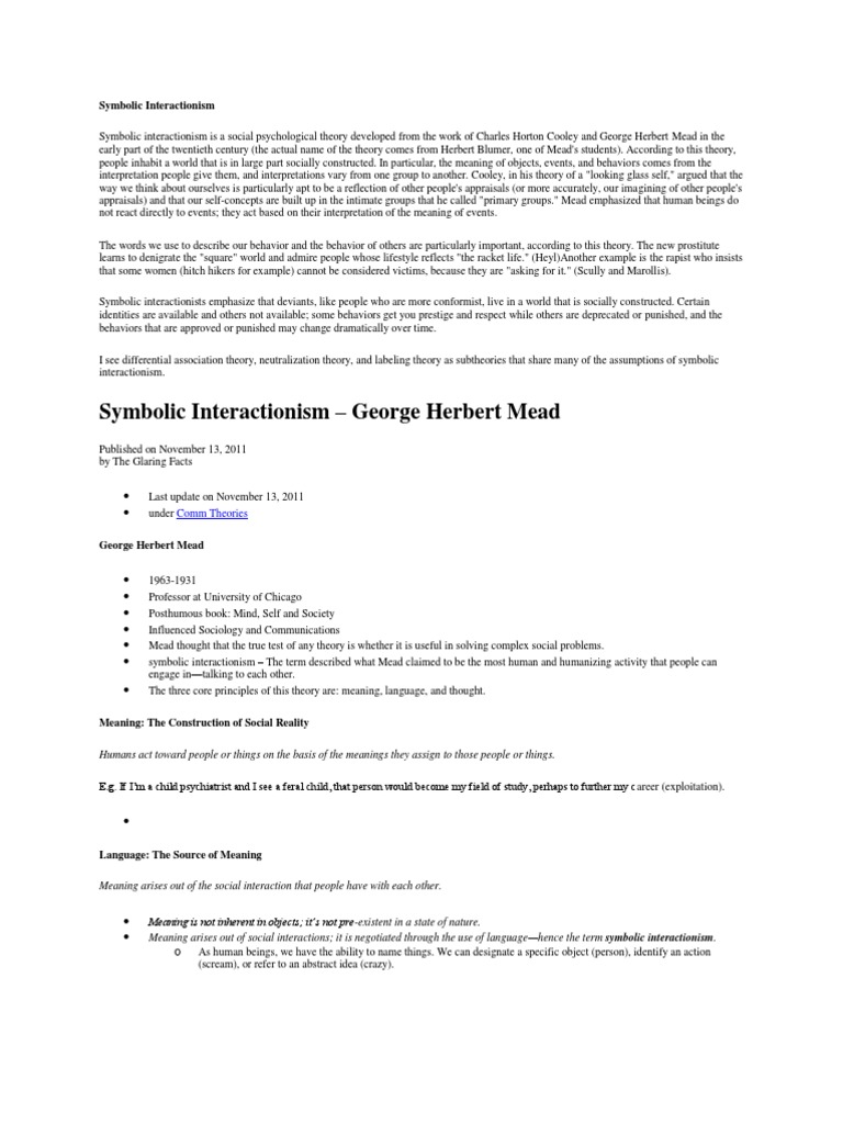 Symbolic Interactionism - George Herbert Mead | PDF | Academic ...