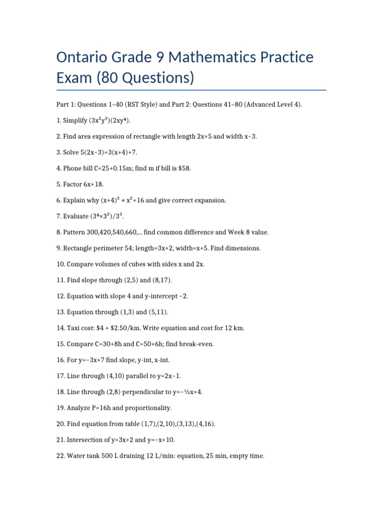 Grade9_Math_80_Questions | PDF | Volume | Equations