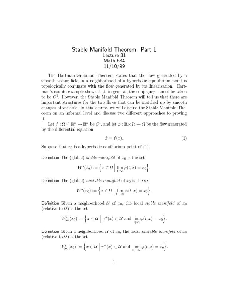 Stable Manifold Theorem: Part 1: Math 634 11/10/99 | PDF | Manifold ...