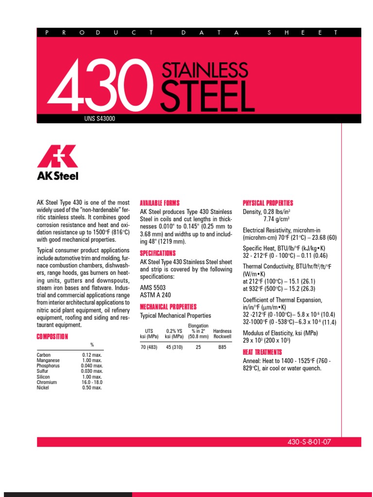 430 Data Sheet | PDF | Stainless Steel | Steel