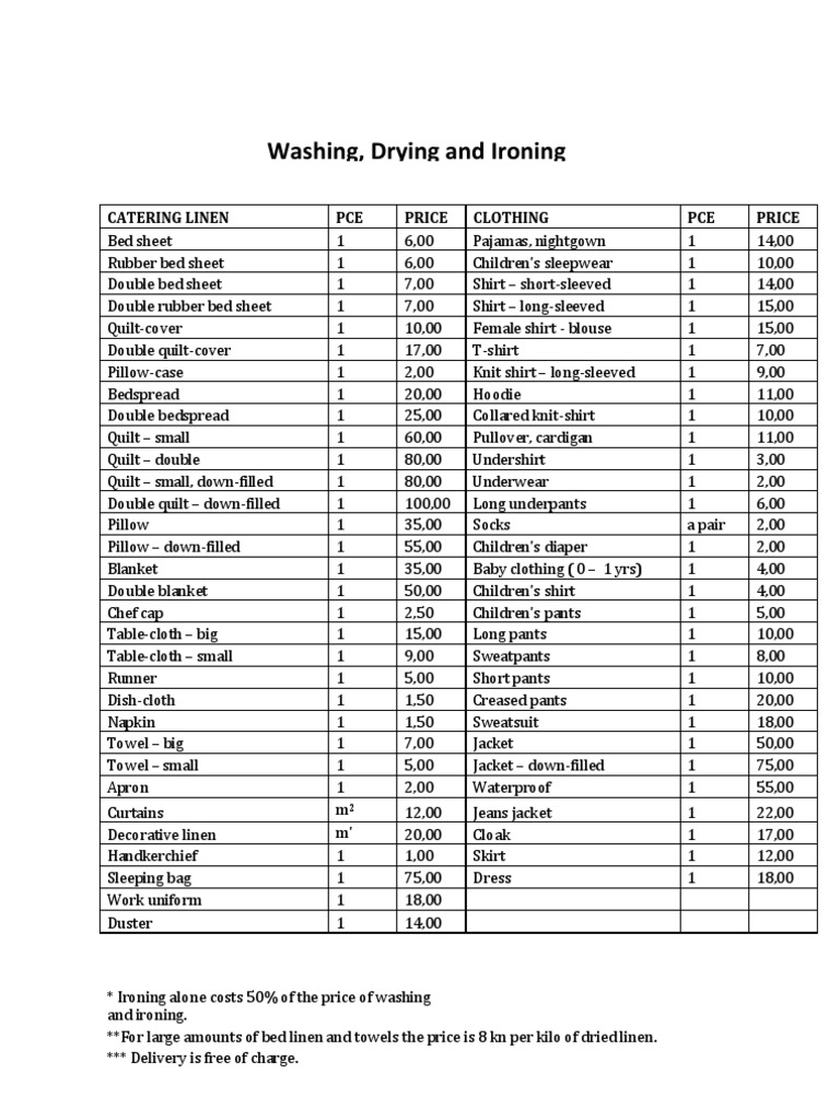 Hotel Laundry Price List 2024 | PDF