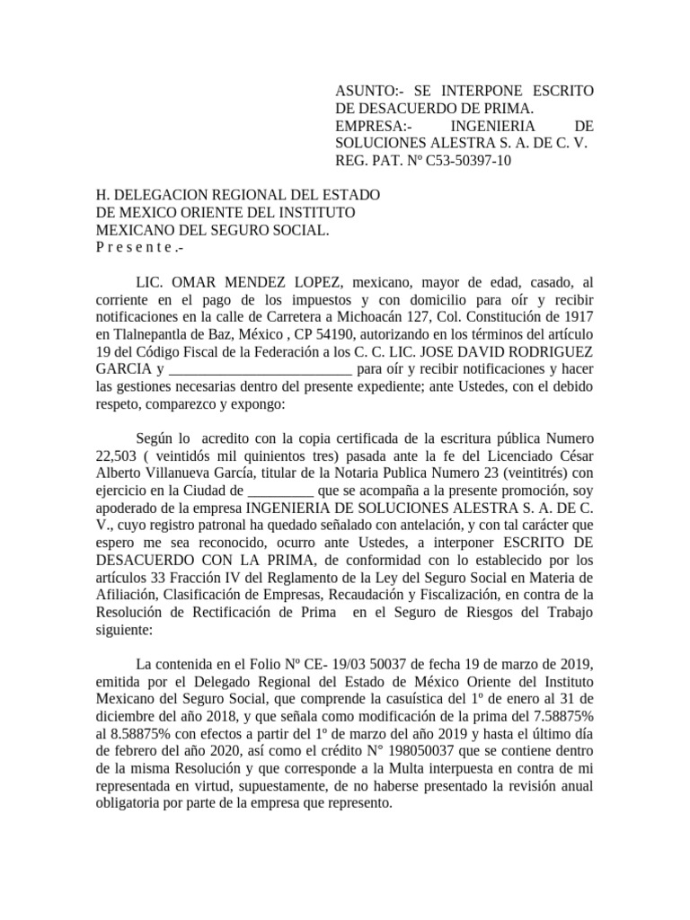 ESCRITO DE DESACUERDO DE PRIMA 2019 lic david | PDF
