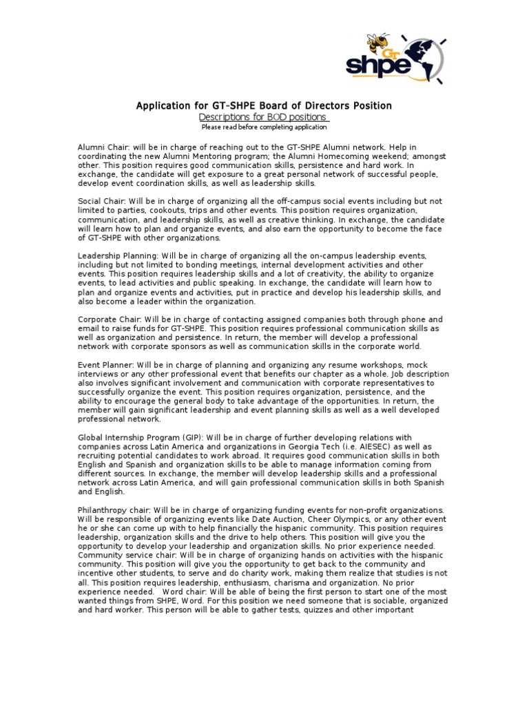 Application For GT-SHPE Board of Directors Position Descriptions For ...
