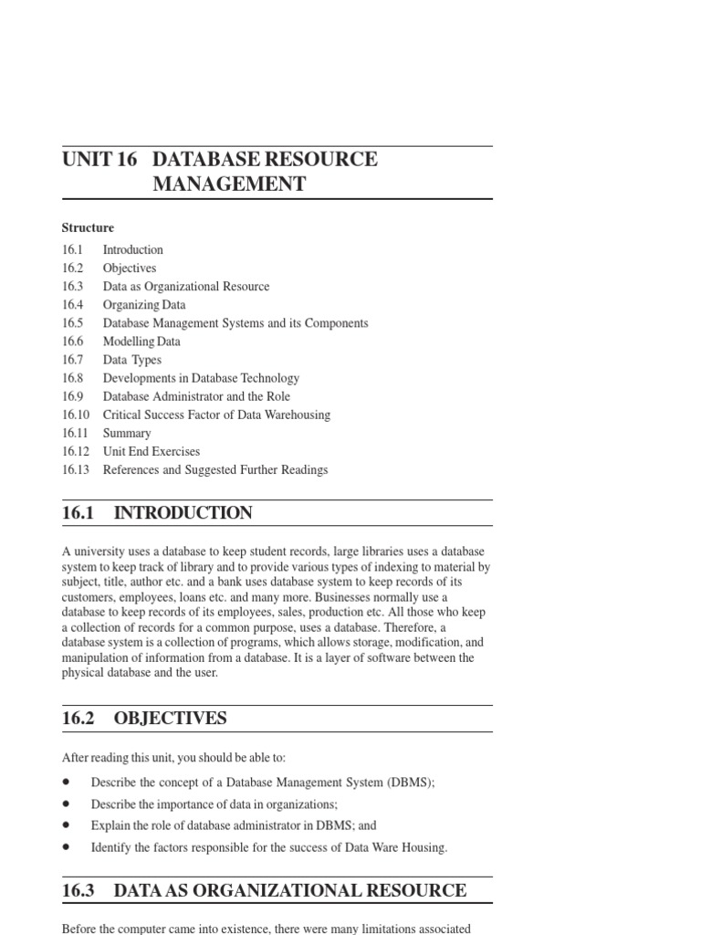 Unit 16 Database Resource Management: Structure | PDF | Databases | Data Warehouse