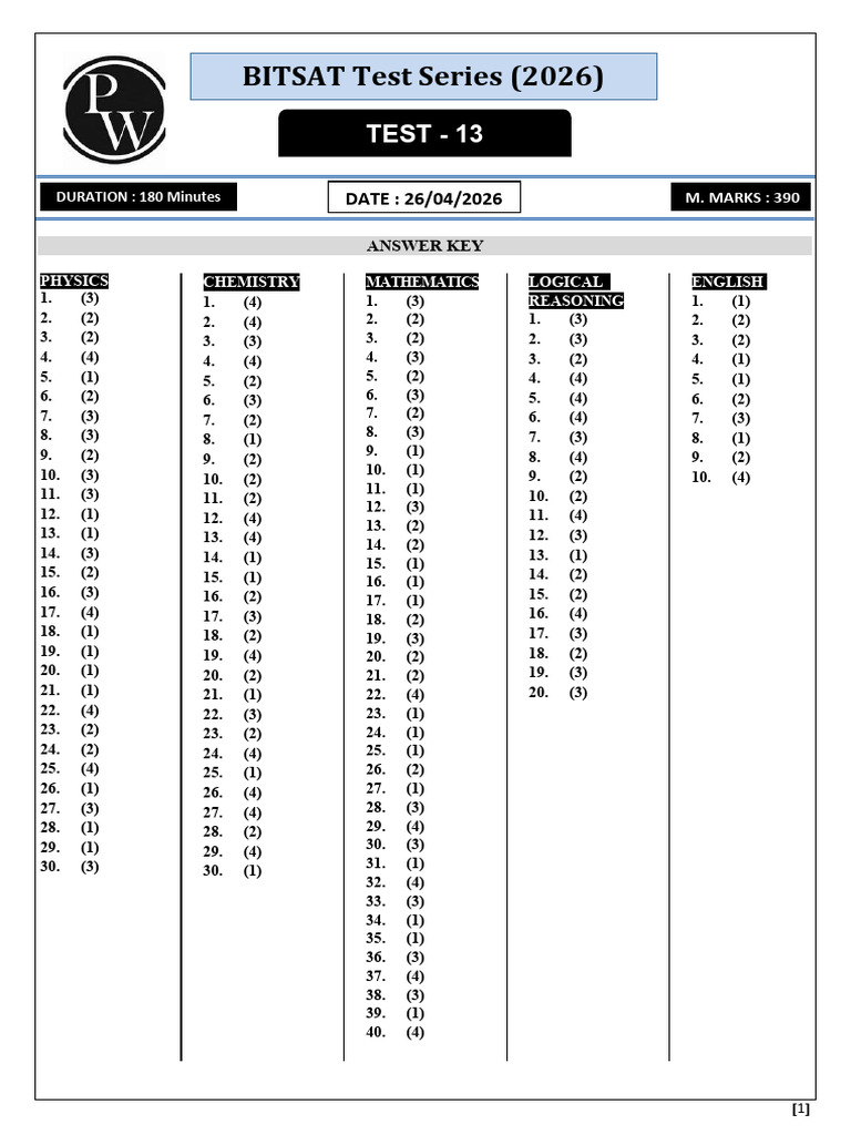 Test-13 BITSAT Test Series (2026) 26-04-2026 Solutions.pdf | PDF | 3 G ...