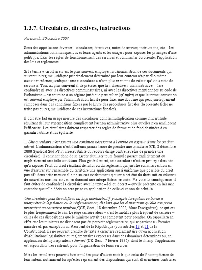 Circulaires administratives : cadre juridique | PDF