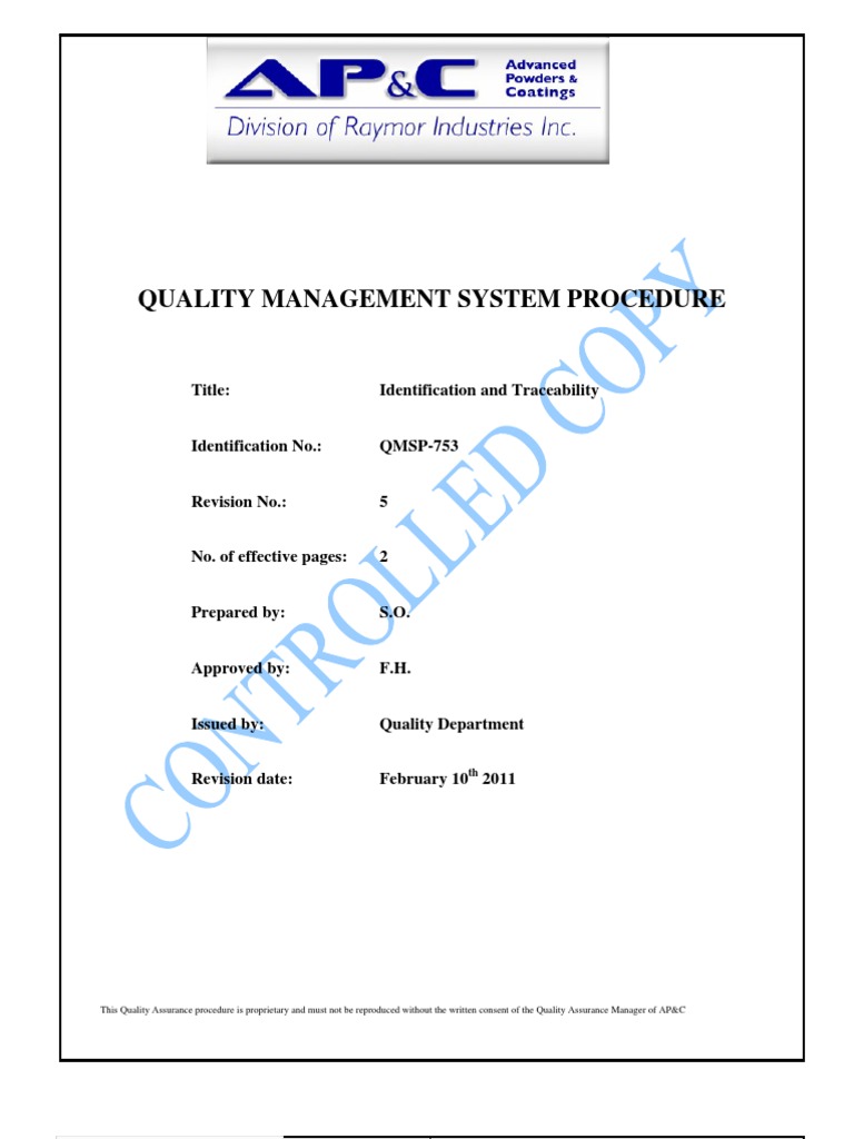 Identification and Traceability Procedure | PDF | Quality Assurance ...