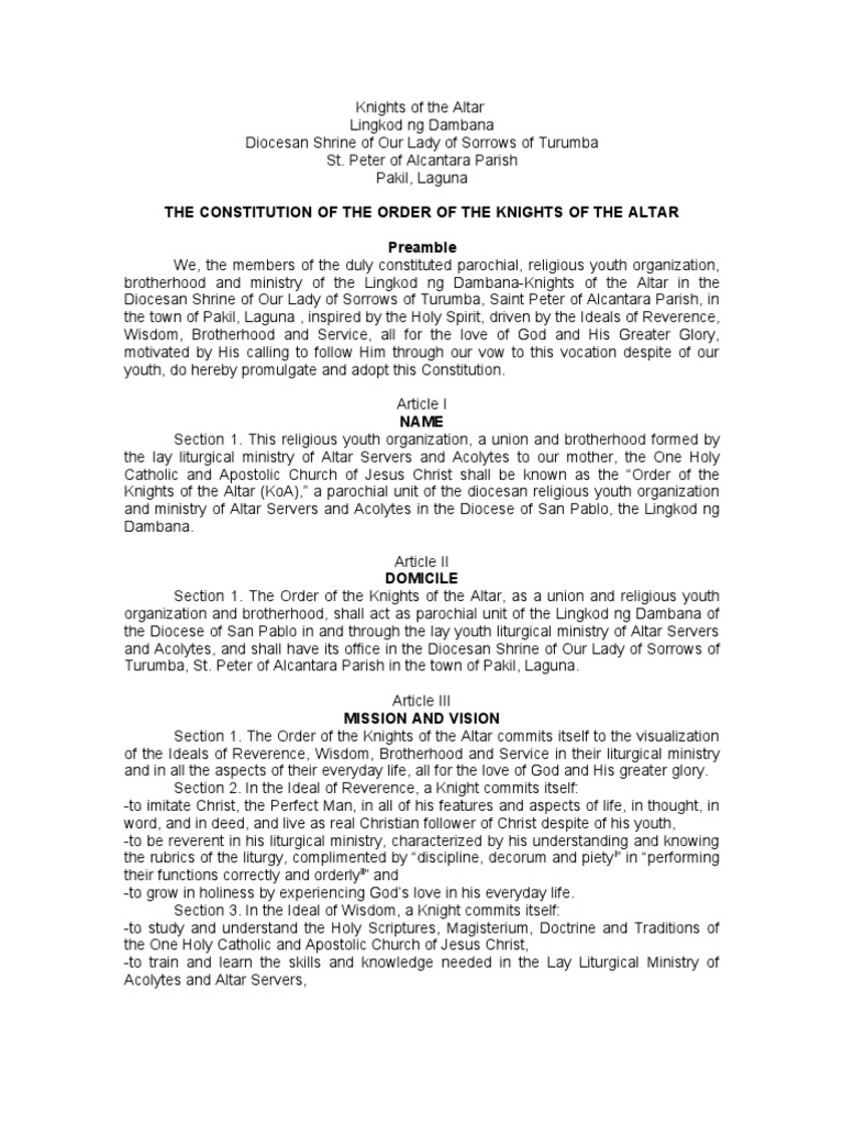 The Constitution of The Order of The Knights of The Altar Preamble ...