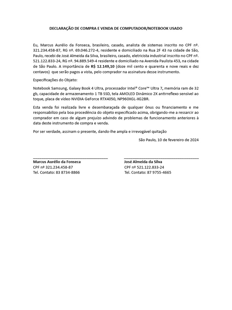DECLARAÇÃO DE COMPRA E VENDA DE COMPUTADOR | PDF