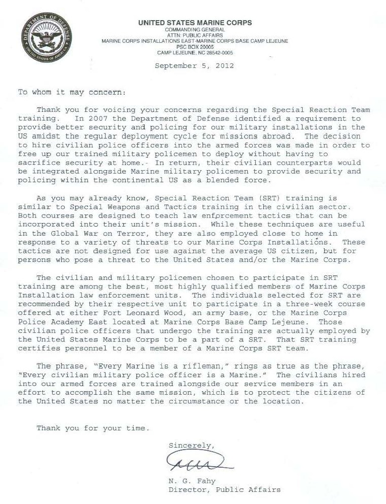 Usmc Police Response | PDF | United States Marine Corps | Military Police