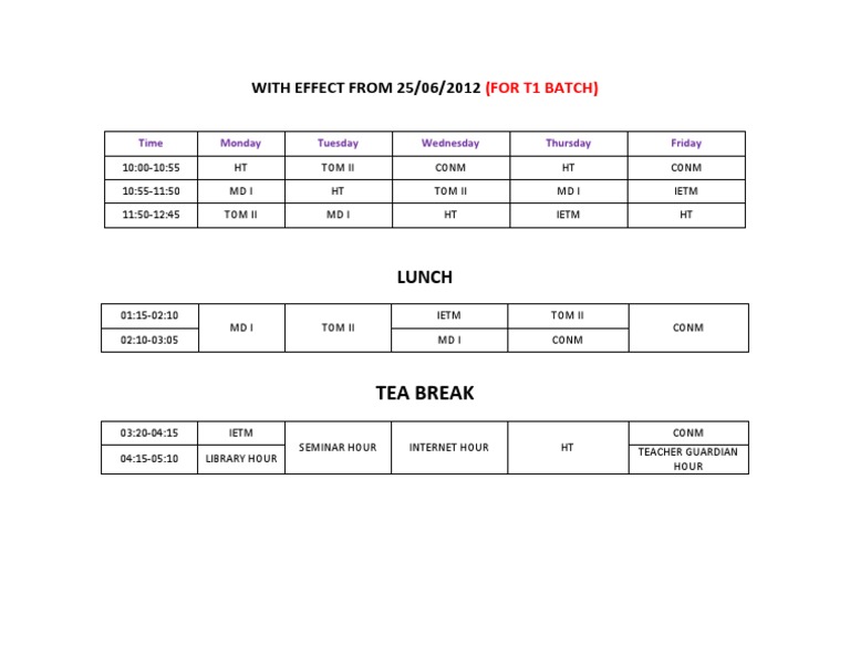 Weekly Class Schedule for T1 Batch | PDF