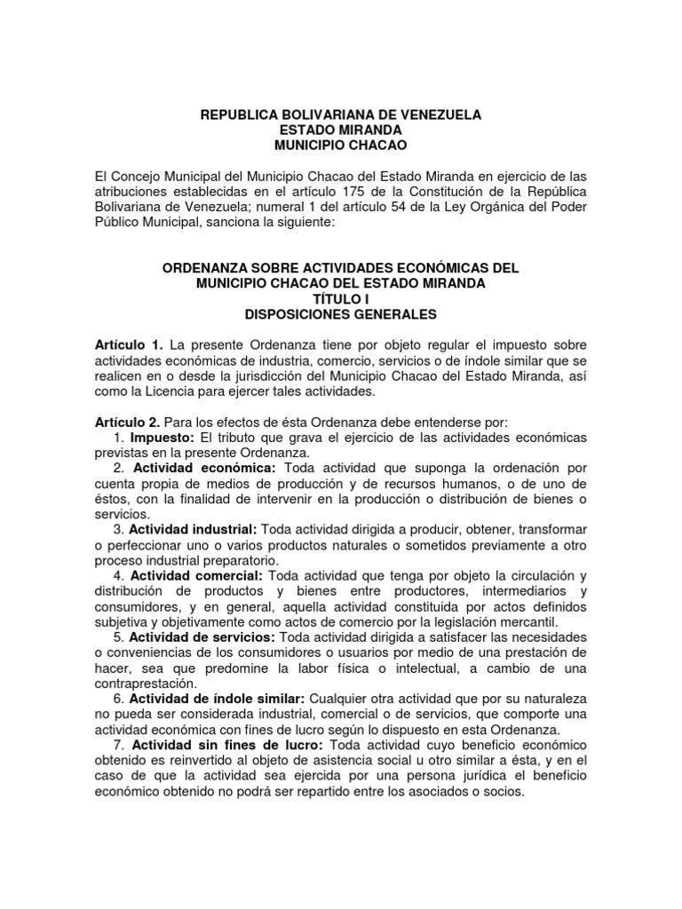 Ordenanza Actividades Económicas Chacao | PDF | Impuestos | Contribuyente