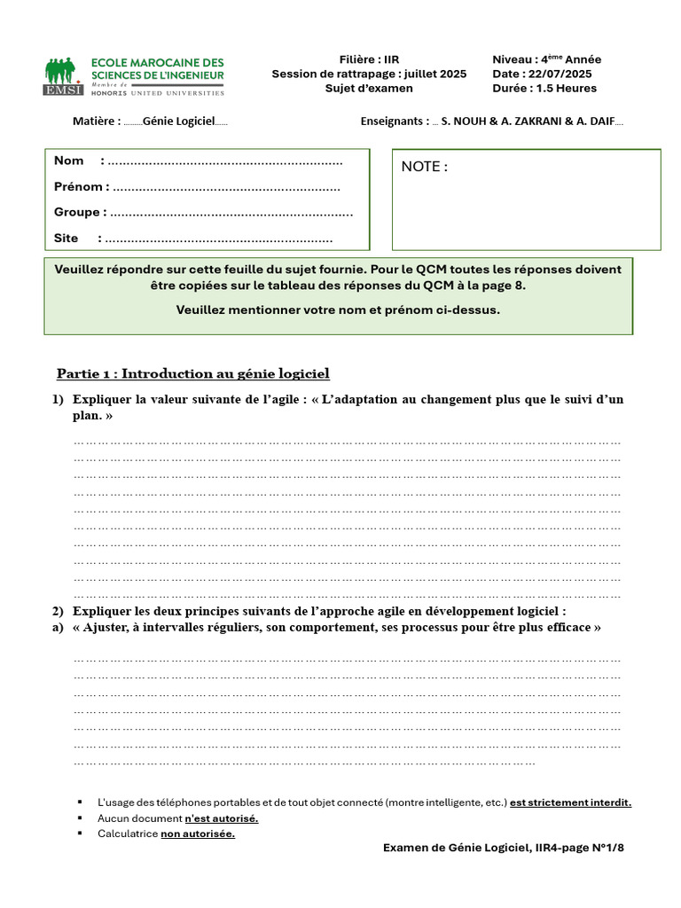 Examen Rattrapage Genie Logiciel Iir4 2025 Version de 20 Juillet 2025 f ...