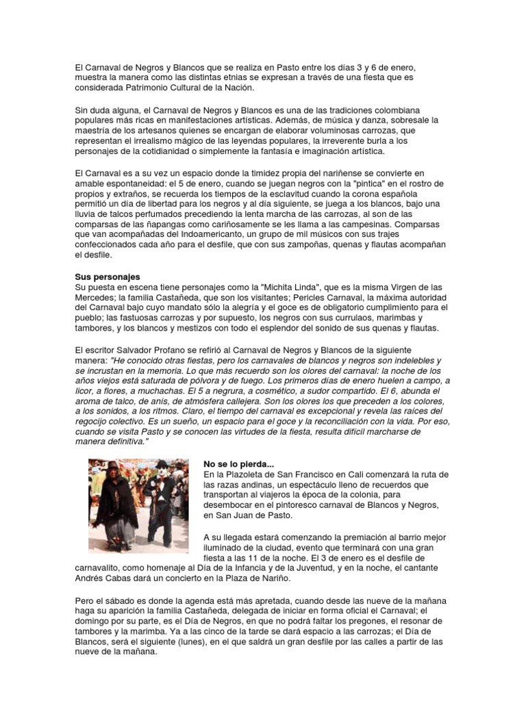 Carnaval de Negros y Blancos en Pasto | PDF | Carnaval | Eventos de ...