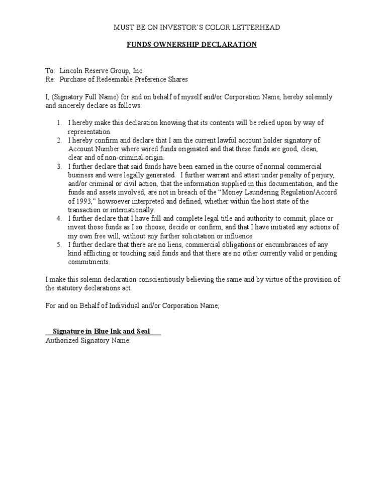 Funds Ownership Declaration Letter | PDF