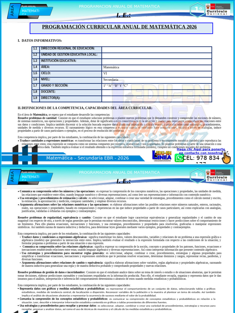 1° SEC. PLAN ANUAL MATEMÁTICA 2026 | PDF | Ecuaciones | Datos