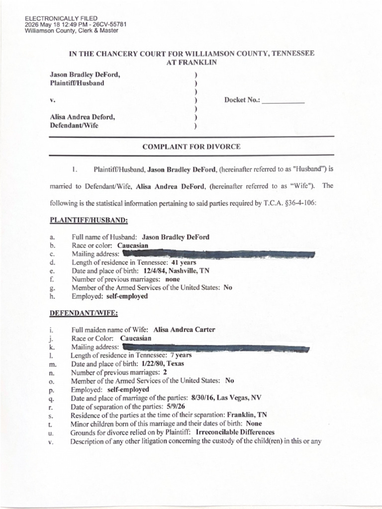 Jelly Roll Divorce Complaint | PDF
