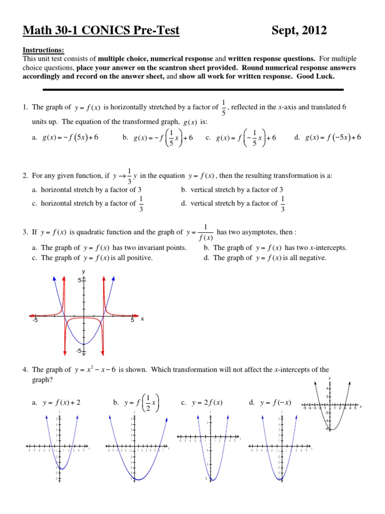 Conics PreTest | Function (Mathematics) | Algebra